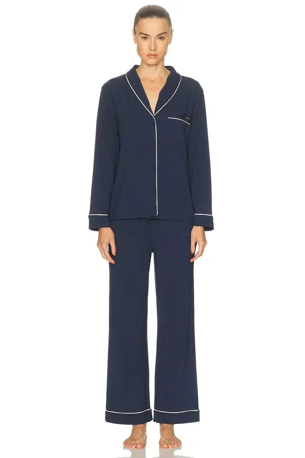 Lunya Slumberknit Shawl Collar Pant Set - Deep Blue & Delicate Pink