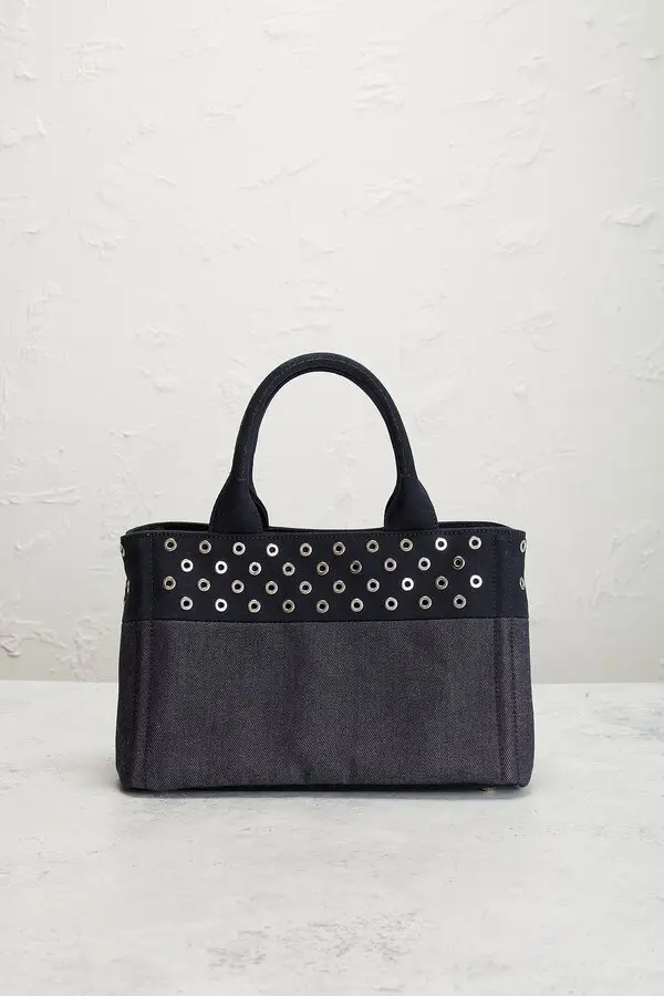 Prada Studded Denim Canapa Tote Bag