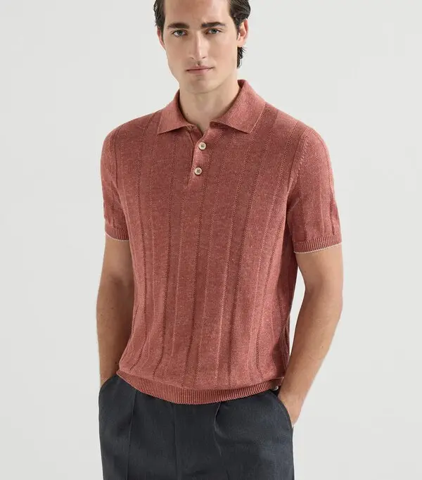 Brunello Cucinelli Linen-cotton Rib-knit Polo Sweater - Orange