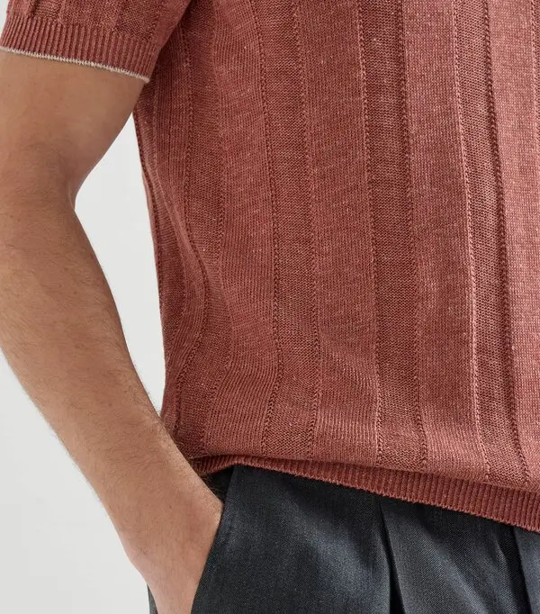 Brunello Cucinelli Linen-cotton Rib-knit Polo Sweater - Orange