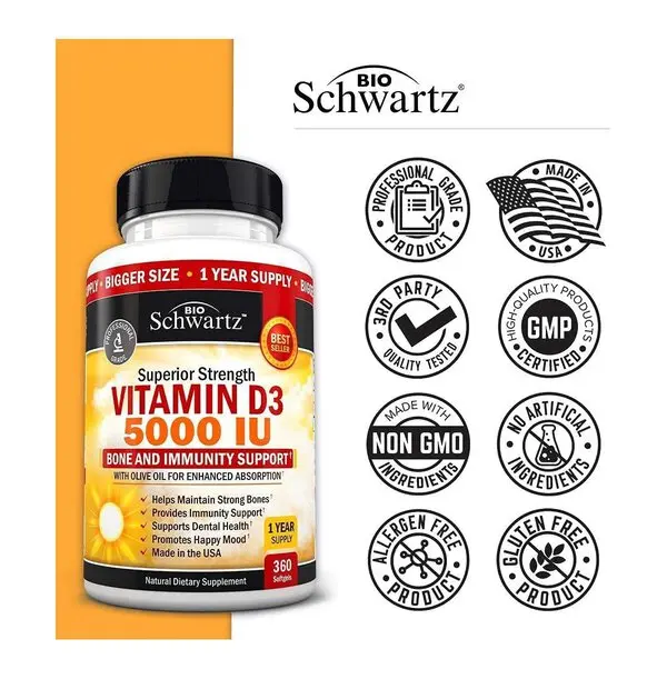 BIOSCHWARTZ Vitamin D3 5000 Iu Natural Immune Support Supplement