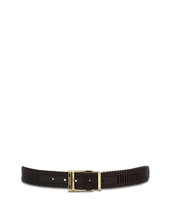 FERRAGAMO Leather Slotted Belt With Gold Buckle - Testa Di Moro