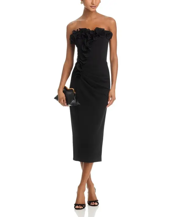 Aqua Scuba Crepe Strapless Ruffle Midi Dress