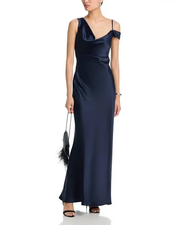 Aqua Long One Shoulder Gown - Navy