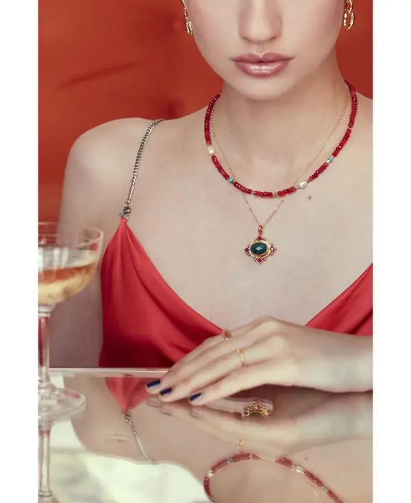 OTTOMAN HANDS Raina Emerald And Pink Crystal Pendant Necklace