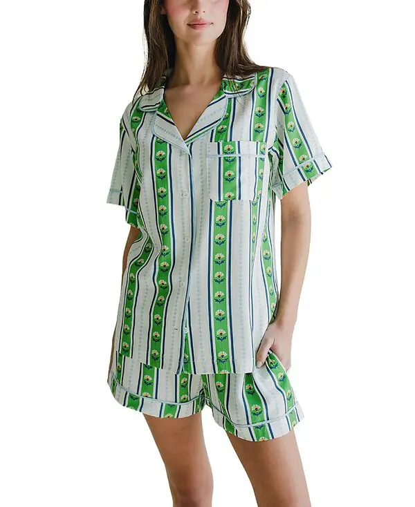 KATIE KIME Garden Stripe Pajama Shorts Set - Green