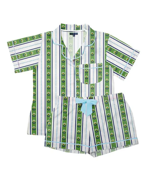 KATIE KIME Garden Stripe Pajama Shorts Set - Green