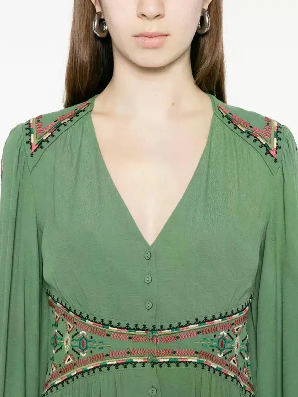 Ba&sh Embroidered Buttoned Midi Dress - Green