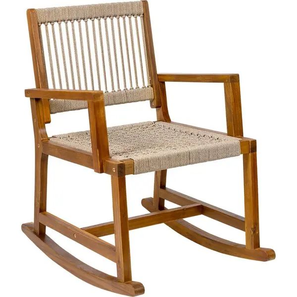 JONATHAN Y Laguna Coastal Solid Acacia Wood And Woven Rope Indoor/outdoor Rocking Armchair For Patio, Front Porch - Beige