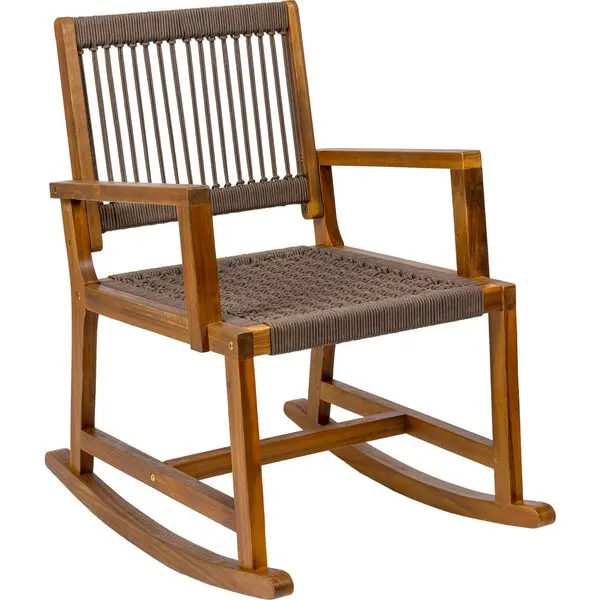 JONATHAN Y Laguna Coastal Solid Acacia Wood And Woven Rope Indoor/outdoor Rocking Armchair For Patio, Front Porch - Brown