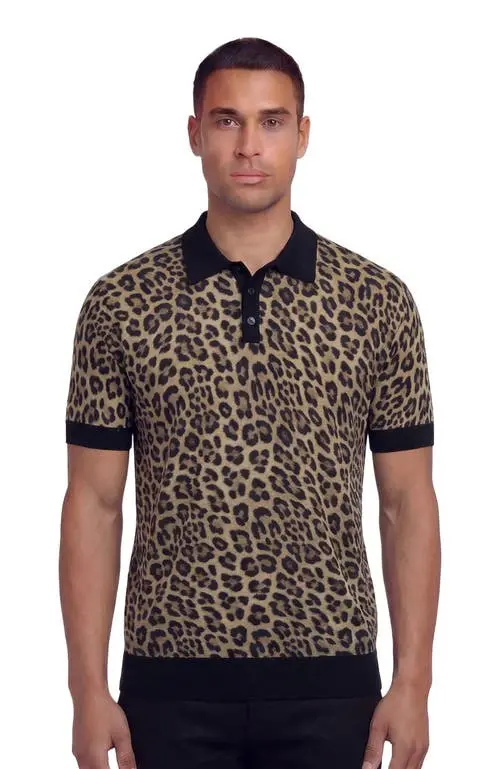 LORDS OF HARLECH Leopard Merino Silk Cashmere Polo - Leopard Brown