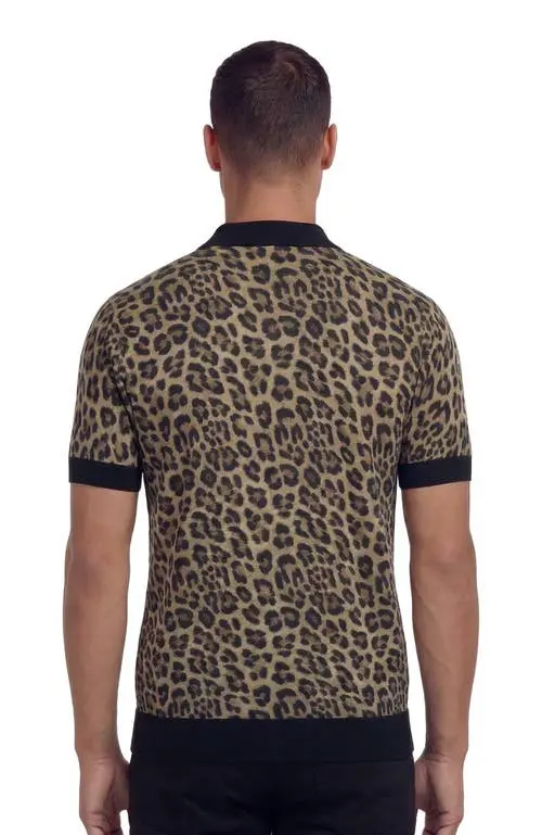 LORDS OF HARLECH Leopard Merino Silk Cashmere Polo - Leopard Brown
