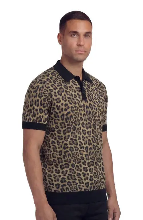 LORDS OF HARLECH Leopard Merino Silk Cashmere Polo - Leopard Brown