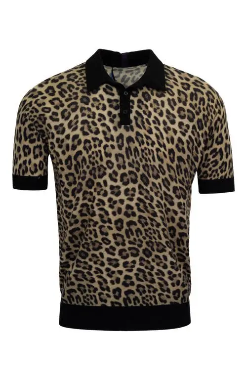 LORDS OF HARLECH Leopard Merino Silk Cashmere Polo - Leopard Brown