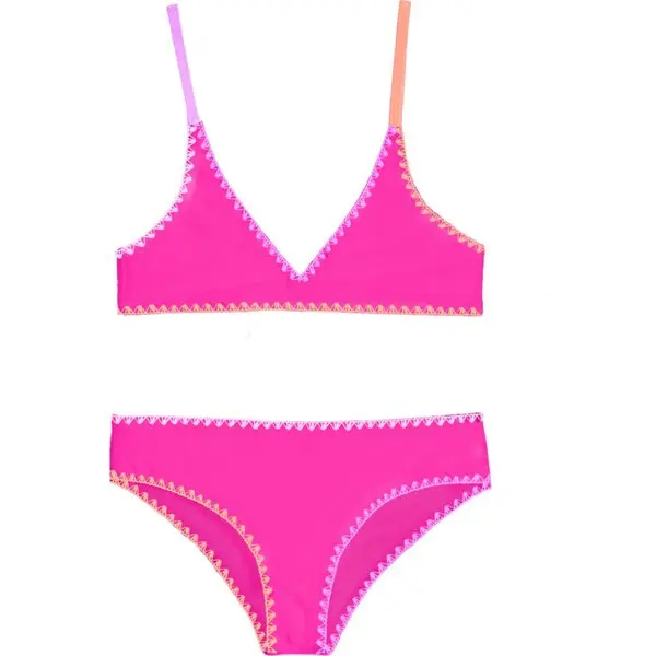 LIMEAPPLE Textured Bikini Swimsuit With Embroidered Trim - Pink