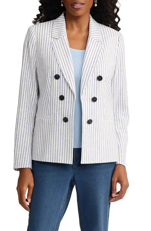 Jones New York Striped Double Breasted Linen Blend Jacket - Natural White/light Sapphire