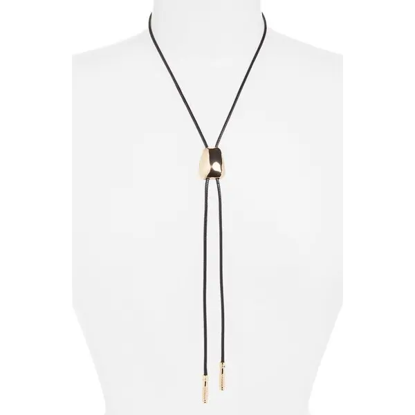 OPEN EDIT Faux Leather Bolo Necklace - Black- Gold