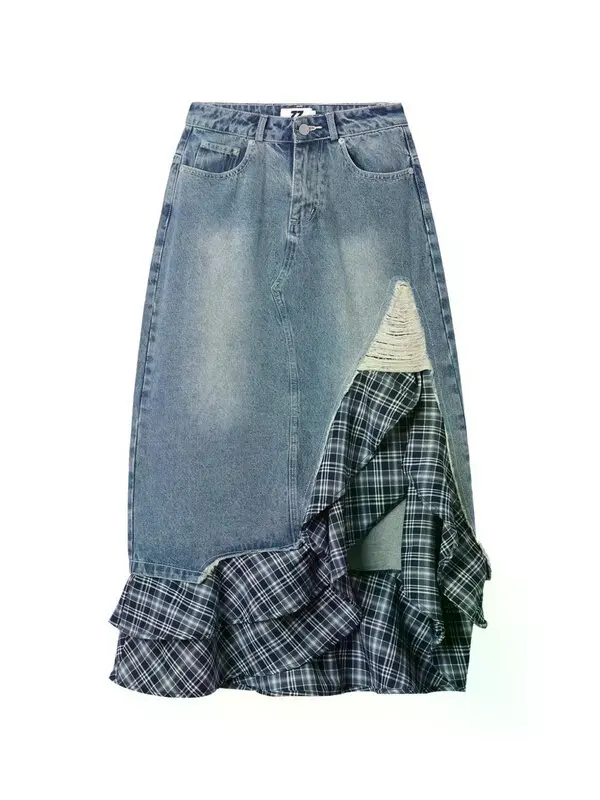 Izzue Frayed Check Ruffled Skirt - Blue
