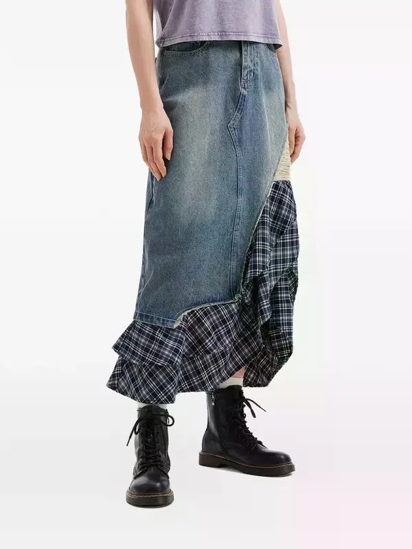 Izzue Frayed Check Ruffled Skirt - Blue