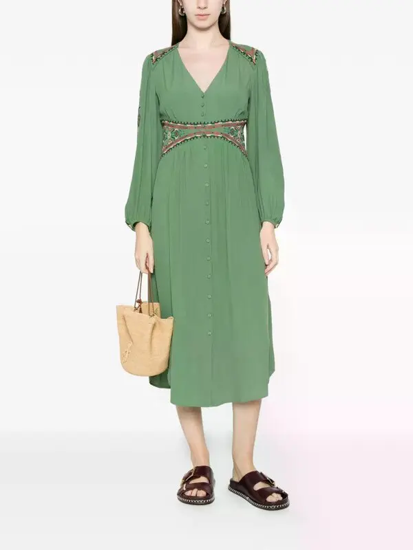 Ba&sh Embroidered Tina Buttoned Midi Dress - Green
