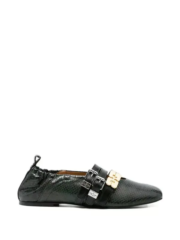 GANNI Buckled Snake-effect Flat Pumps - Green
