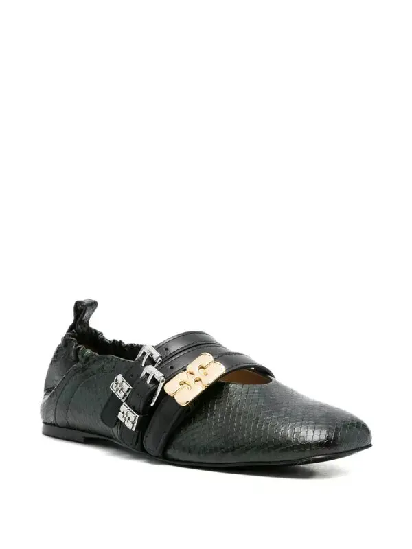 GANNI Buckled Snake-effect Flat Pumps - Green