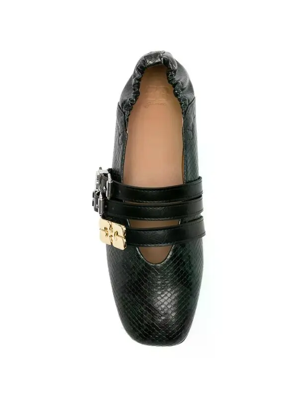 GANNI Buckled Snake-effect Flat Pumps - Green