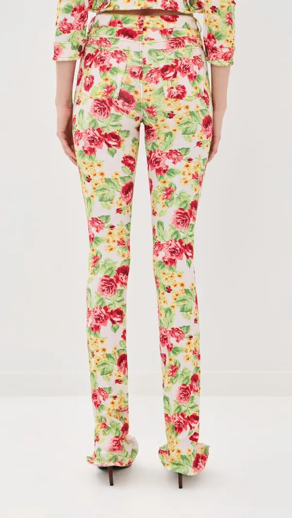 Acne Studios Floral Print Ribbed Stretch Trousers With Ruffled Hem - Pink/multi