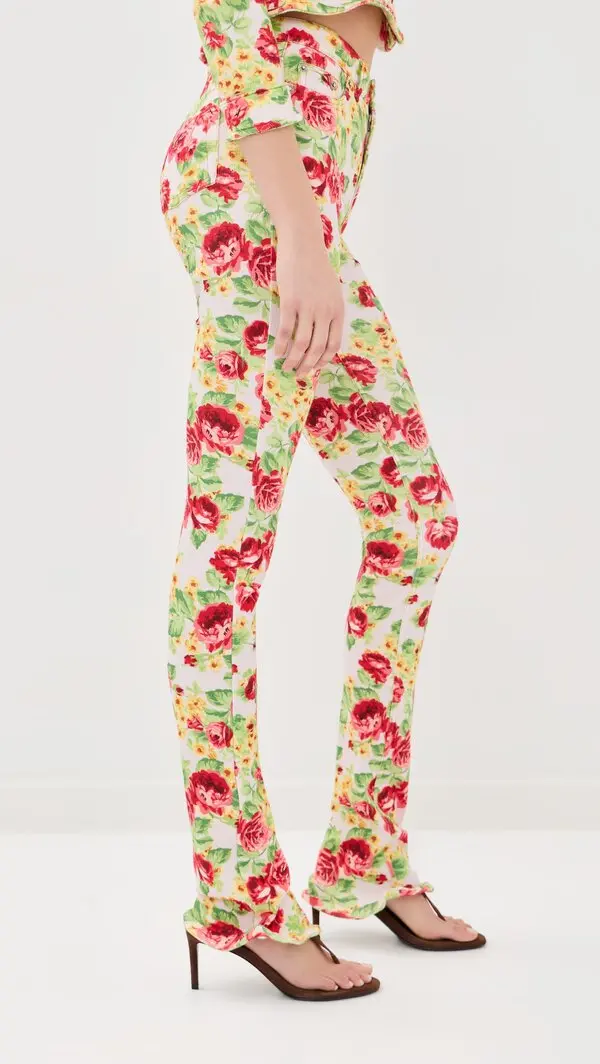 Acne Studios Floral Print Ribbed Stretch Trousers With Ruffled Hem - Pink/multi