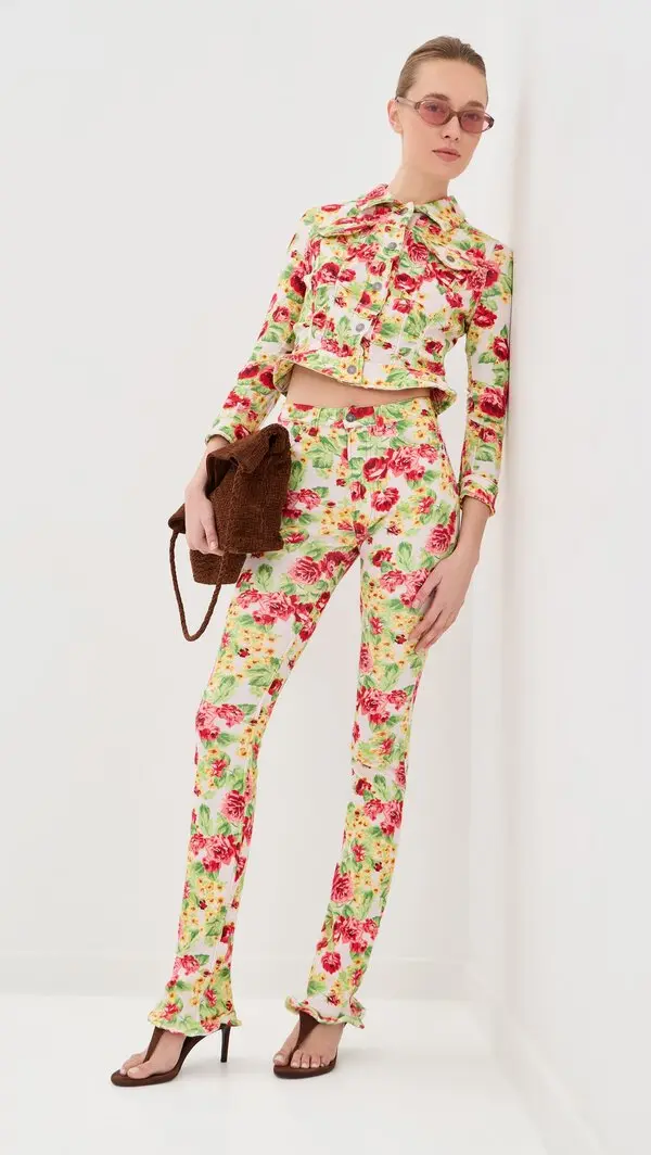 Acne Studios Floral Print Ribbed Stretch Trousers With Ruffled Hem - Pink/multi