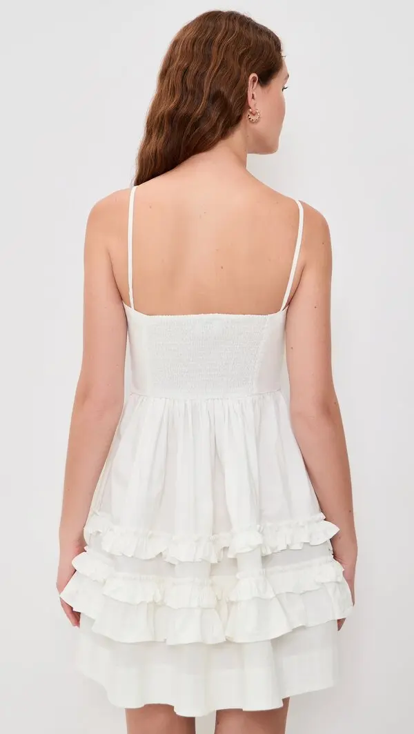 GANNI Stretch Cotton Mini Strap Dress With Frills - Bright White