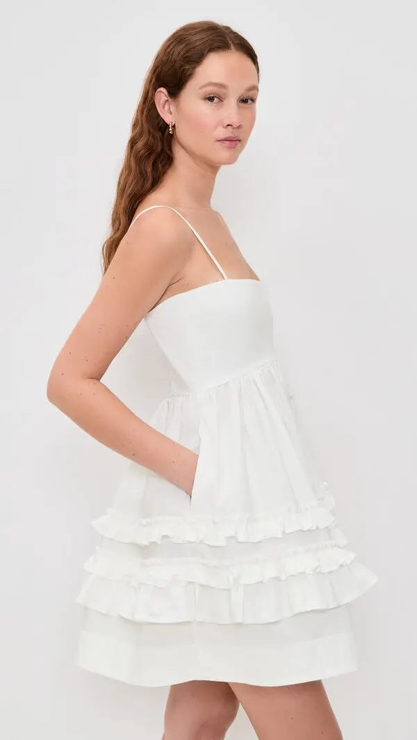 GANNI Stretch Cotton Mini Strap Dress With Frills - Bright White