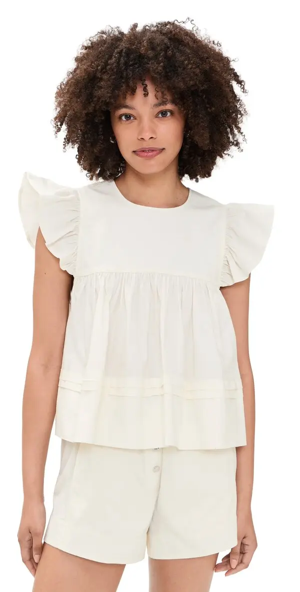 GANNI Frill-sleeve Poplin Top - Egret