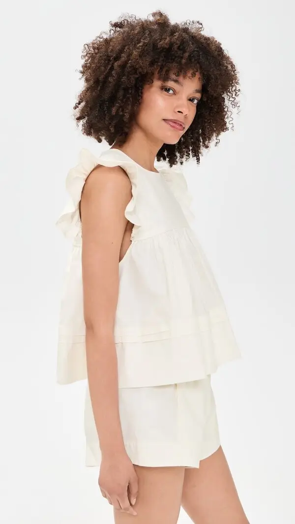 GANNI Frill-sleeve Poplin Top - Egret