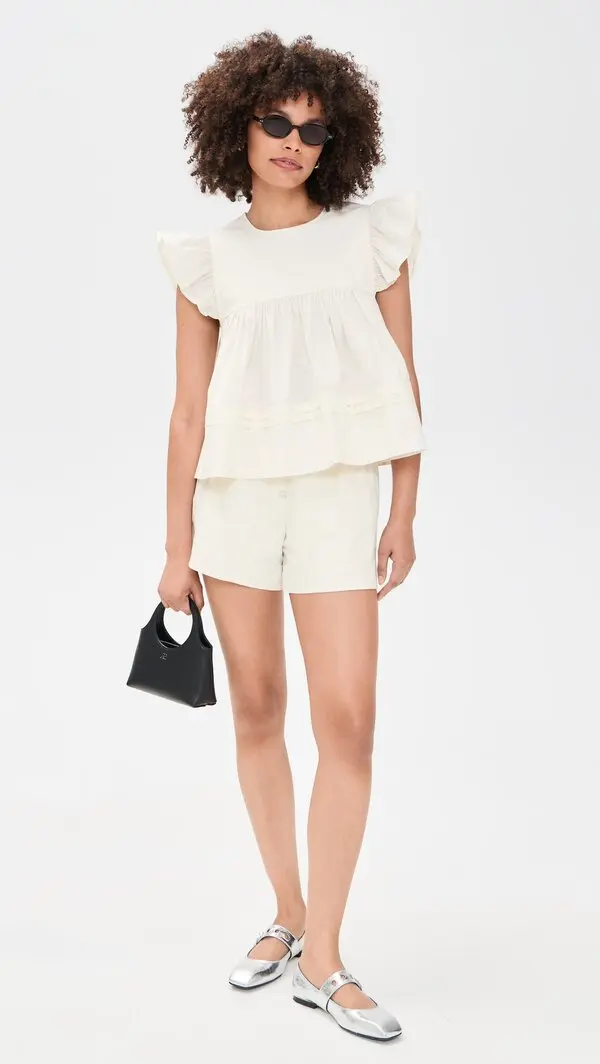 GANNI Frill-sleeve Poplin Top - Egret