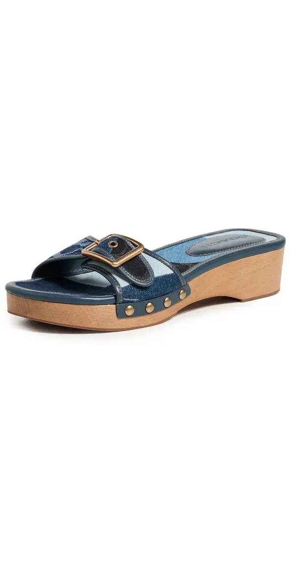 COACH Margot Patchwork Denim Wooden Platform Sandals - Dark Indigo Patchwork Denim