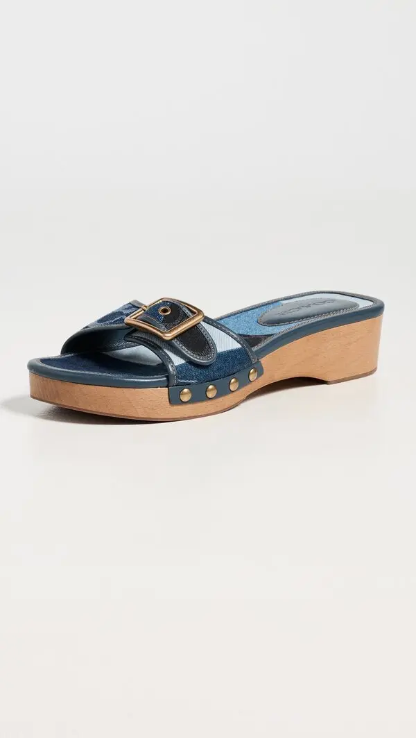COACH Margot Patchwork Denim Wooden Platform Sandals - Dark Indigo Patchwork Denim