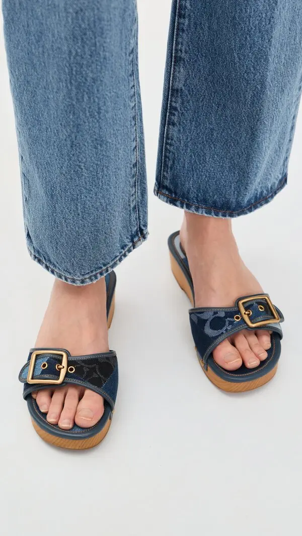 COACH Margot Patchwork Denim Wooden Platform Sandals - Dark Indigo Patchwork Denim