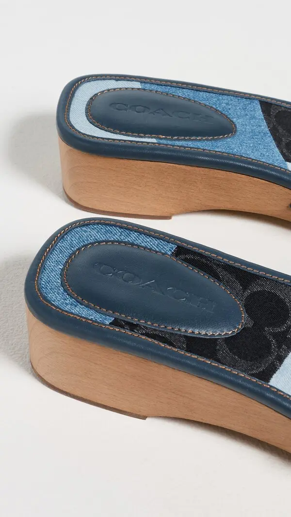 COACH Margot Patchwork Denim Wooden Platform Sandals - Dark Indigo Patchwork Denim