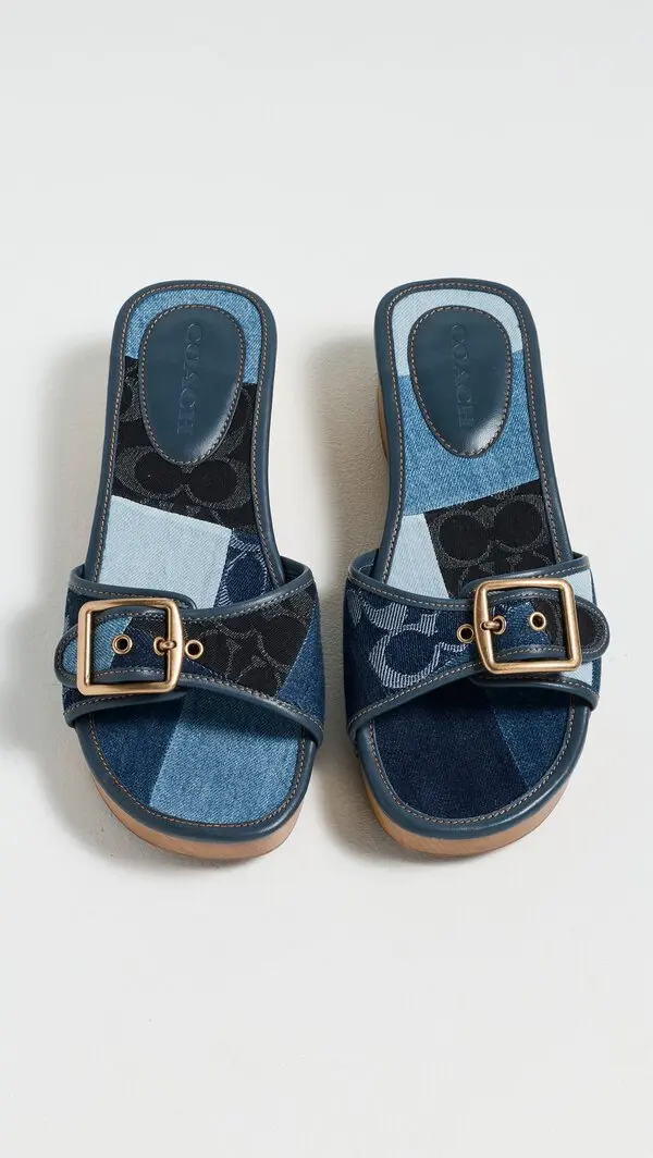 COACH Margot Patchwork Denim Wooden Platform Sandals - Dark Indigo Patchwork Denim