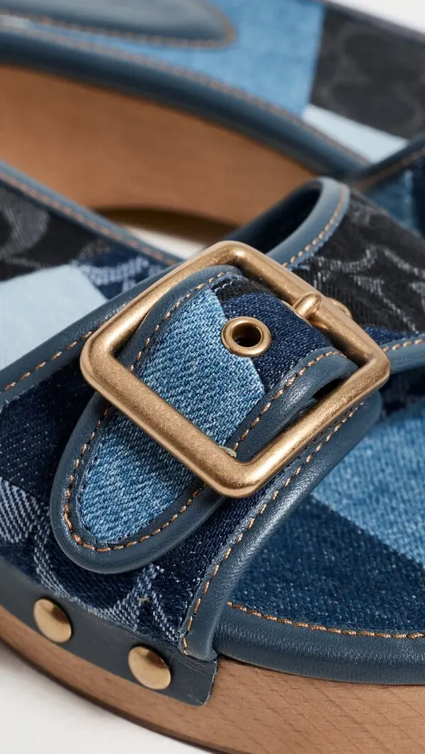 COACH Margot Patchwork Denim Wooden Platform Sandals - Dark Indigo Patchwork Denim