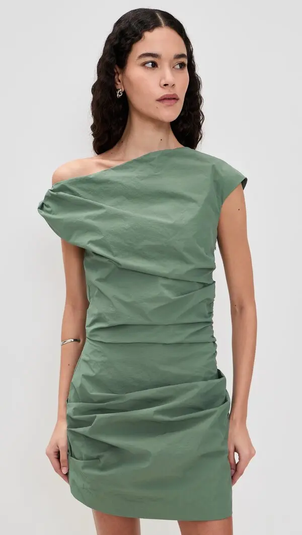 Paris Georgia Remmy Mini Dress Ruched Off-Shoulder Technical Weave - Duck  Green | Editorialist