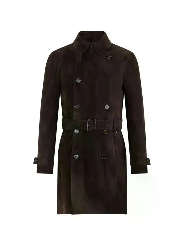MOORER Tailored Belted Leather Trench Coat - Brown