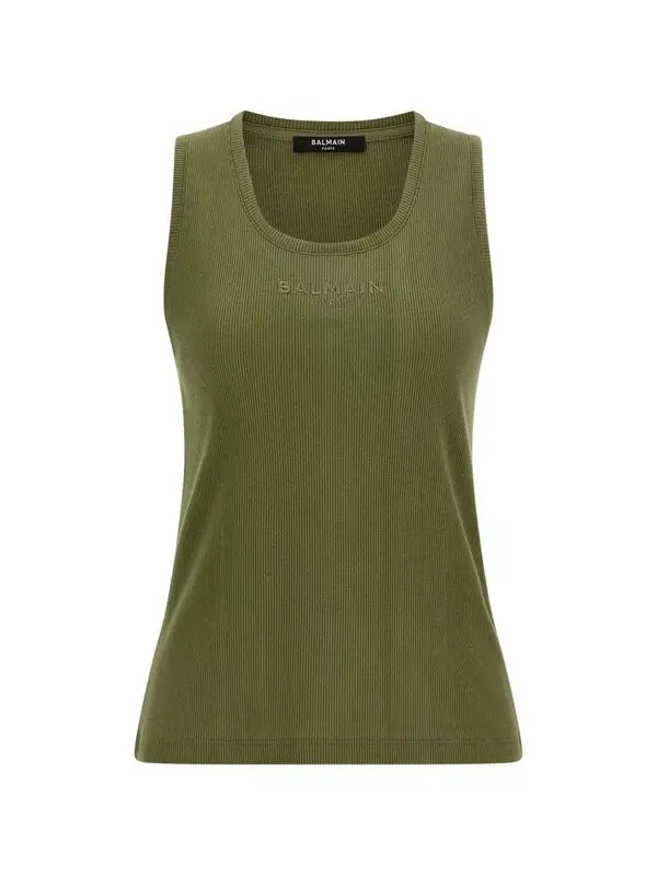 Balmain Ribbed Logo-embroidery Tank Top - Green