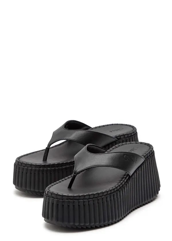 Chloé 80mm Leather Wedge Sandals - Black