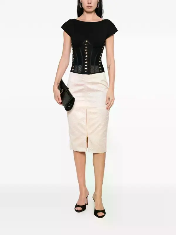 Elisabetta Franchi High Waist Taffeta Ostrich Print Pencil Skirt