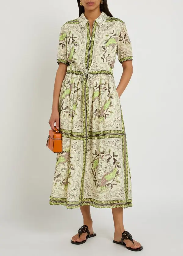 Tory Burch Printed Silk And Cotton-Blend Midi Shirt Dress - Mint |  Editorialist