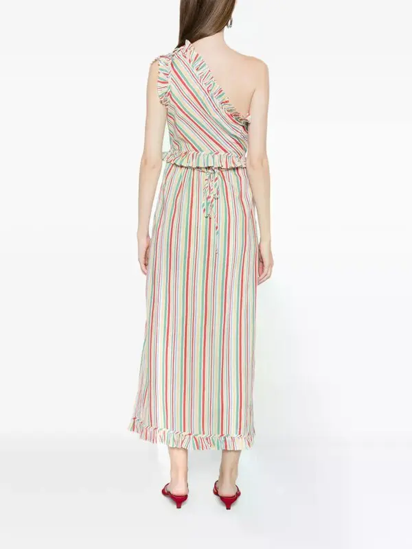 Rixo Striped One-shoulder Dress With Ruffle Trim