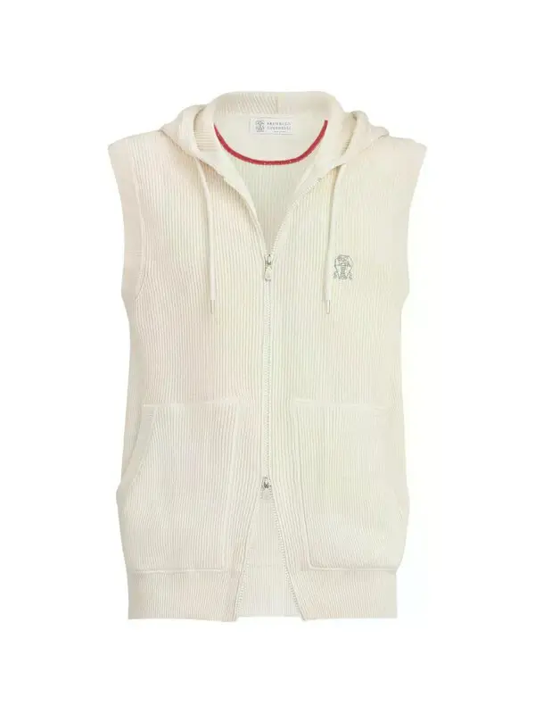 Brunello Cucinelli Cotton English Rib Knit Hooded Vest With Logo And Zipper - Neutrals