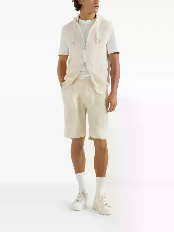Brunello Cucinelli Cotton English Rib Knit Hooded Vest With Logo And Zipper - Neutrals